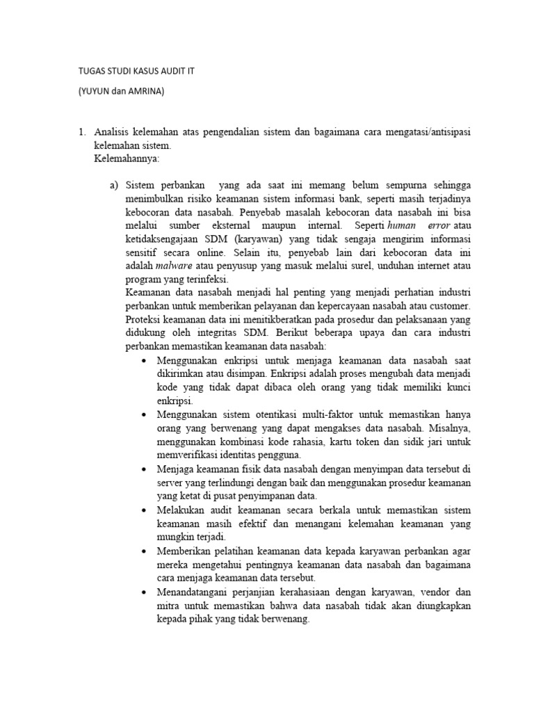 TUGAS STUDI KASUS AUDIT IT (YUYUN Dan AMRINA) | PDF