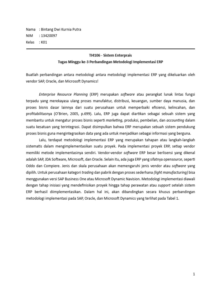 Bintang Dwi Kurnia Putra - Tugas Perbandingan Metodologi Implementasi ERP | PDF