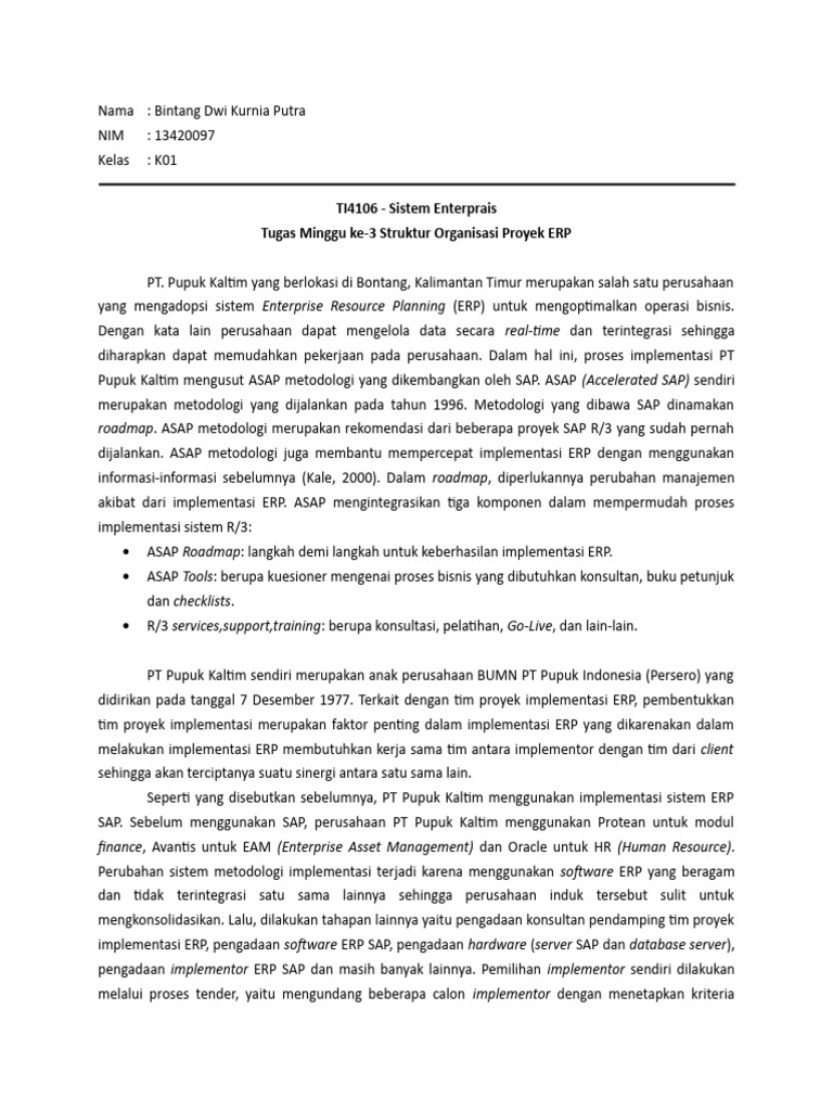Bintang Dwi Kurnia Putra - Contoh Organisasi Proyek Implementasi ERP | PDF