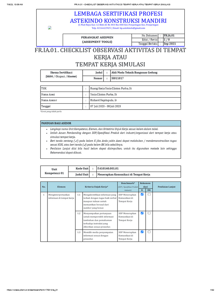 FR - Ia.01 - Checklist Observasi Aktivitas Di Tempat Kerja Atau Tempat ...