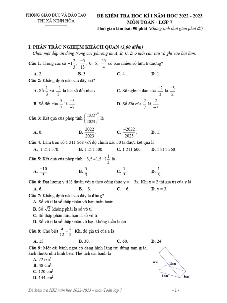 De Hoc Ki 1 Toan 7 Nam 2022 2023 Phong GDDT Ninh Hoa Khanh Hoa | PDF