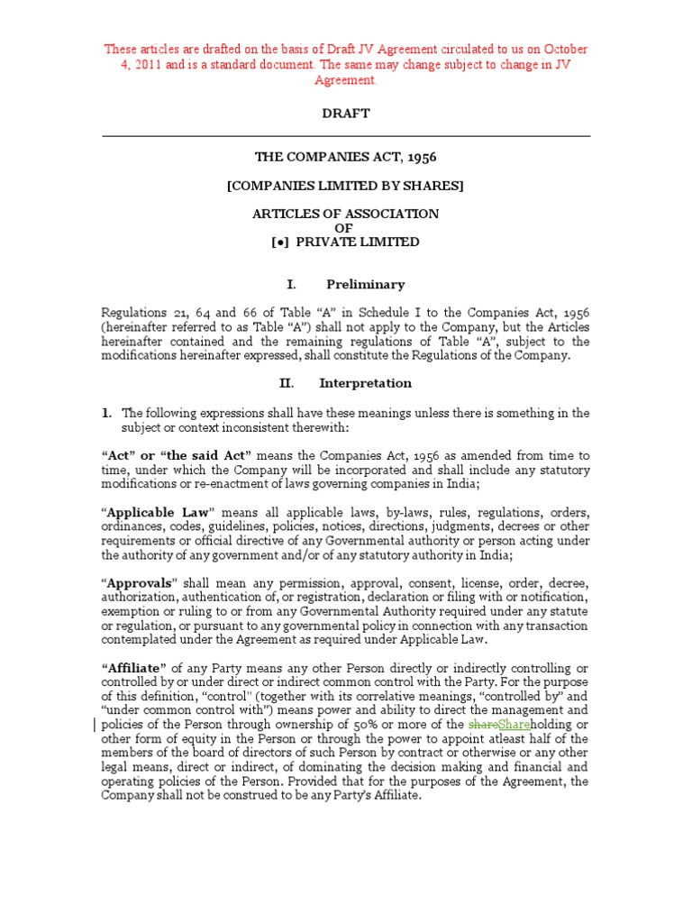 DRaft AOA | PDF | Board Of Directors | Joint Venture