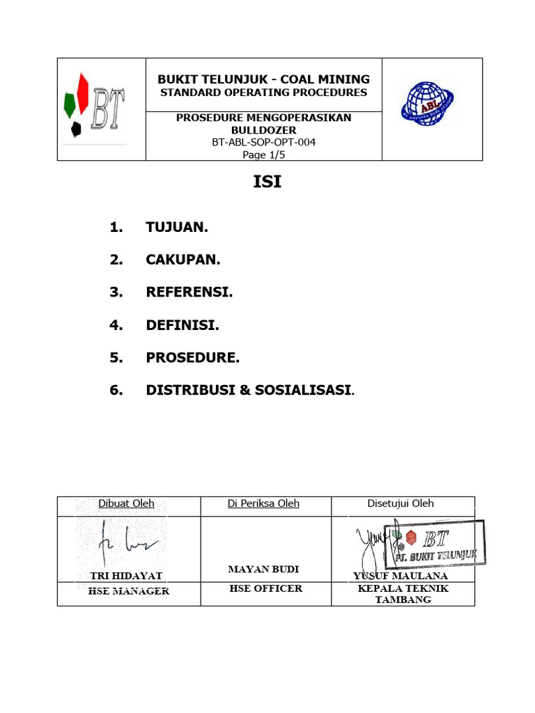 SOP Operasional Bulldozer Tambang | PDF | Bisnis | Teknologi & Rekayasa