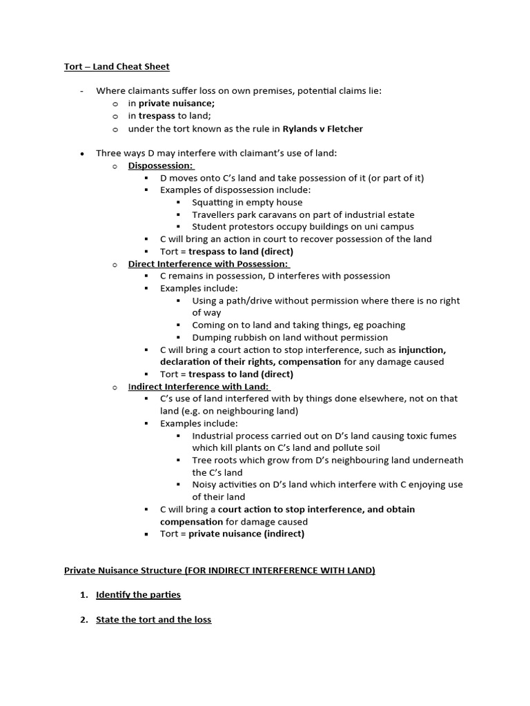 Tort - Land Cheat Sheet | PDF