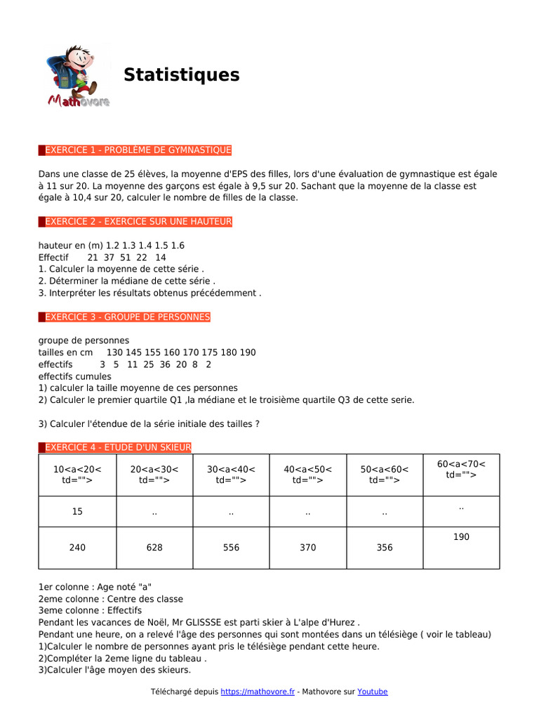 Statistiques Exercices de Maths en 3eme Corriges en PDF | PDF