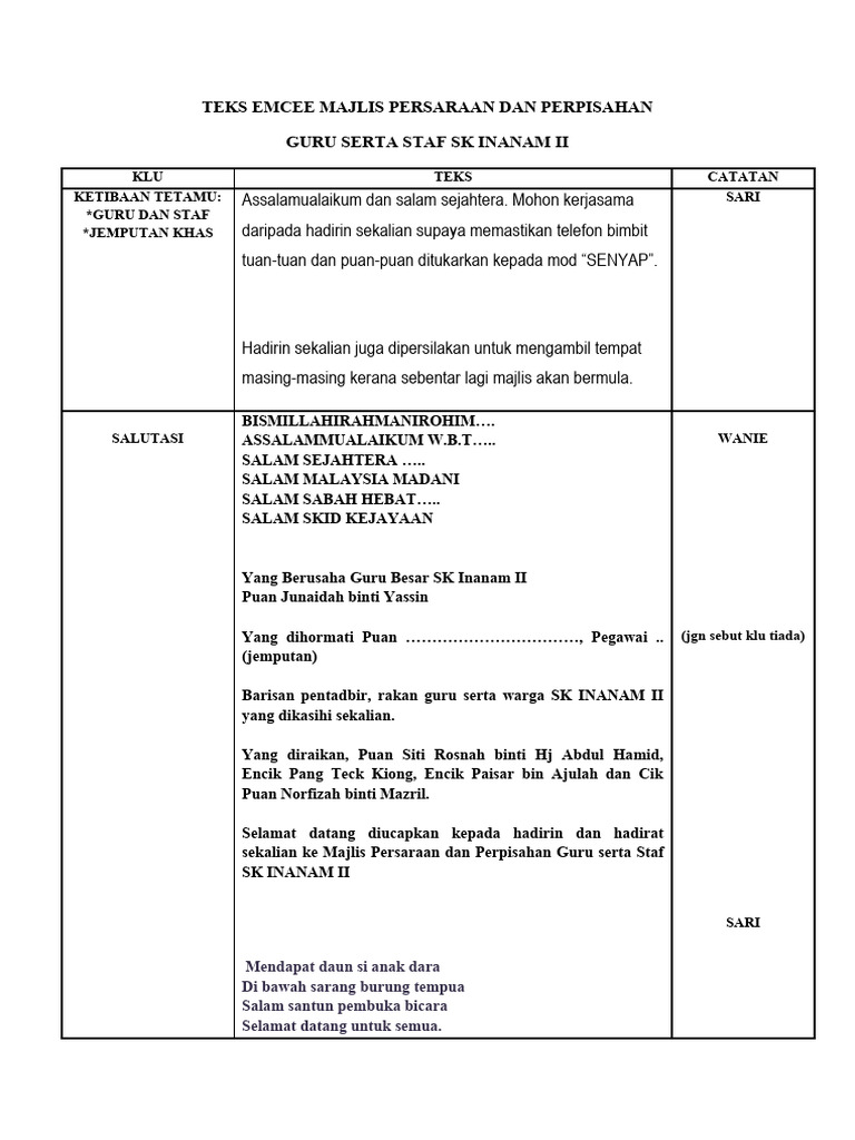 Teks Emcee Majlis Persaraan Dan Perpisahan 2023 | PDF