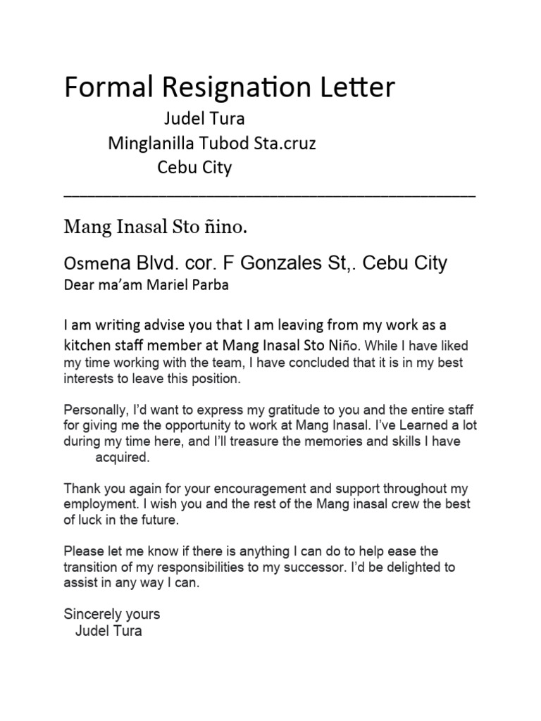 Formal Resignation Letter for Kitchen Staff | PDF | Cooking, Food ...