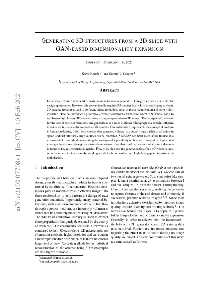 Generating 3D Structures From A 2D Slice With Gan-Based Dimensionality Expansion | PDF