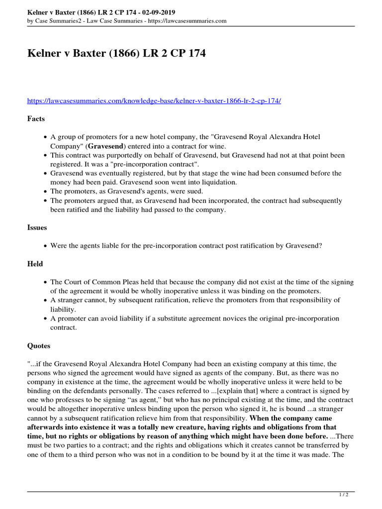 Kelner v Baxter (1866) Case Summary | PDF