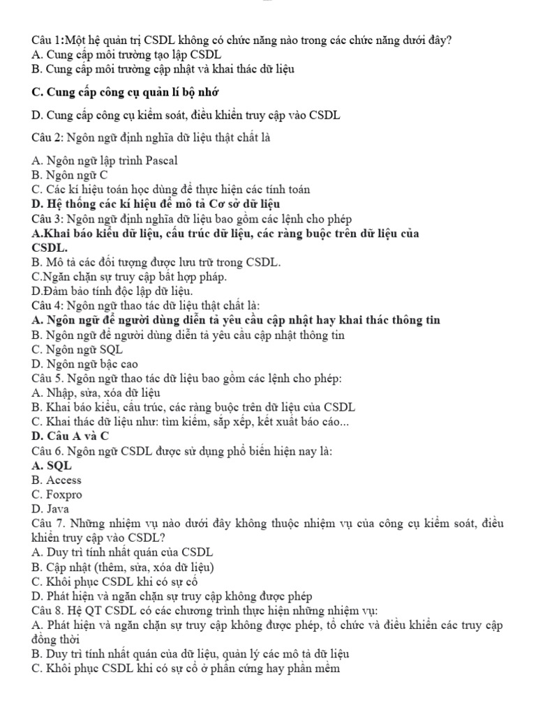 Trắc nghiệm CSDL3 | PDF