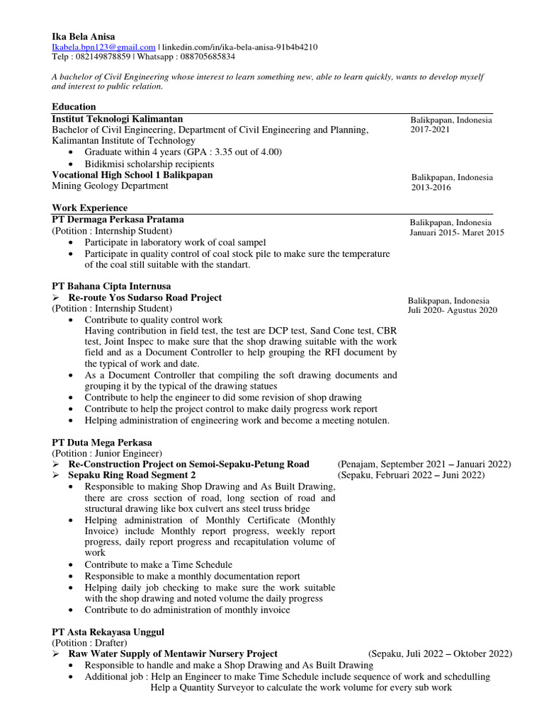 CV and Attachment - Ika Bela Anisa | PDF | Art