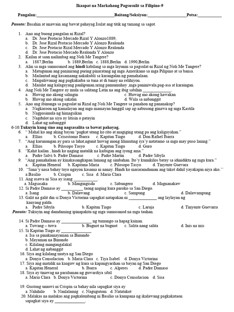 Ikaapat Na Markahang Pagsusulit Sa Filipino | PDF