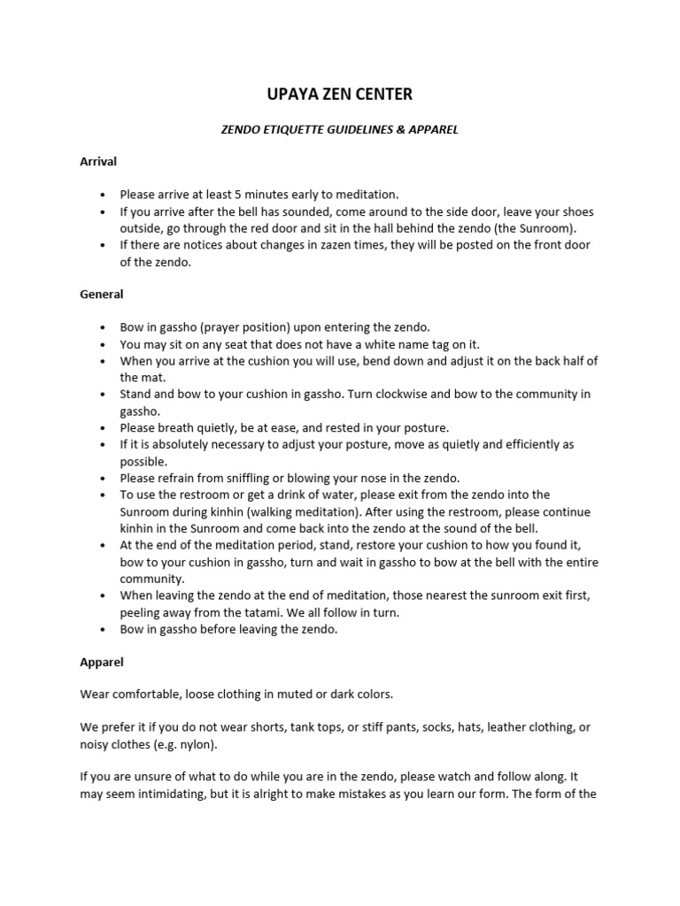 UPAYA ZEN CENTER Zendo Etiquette | PDF