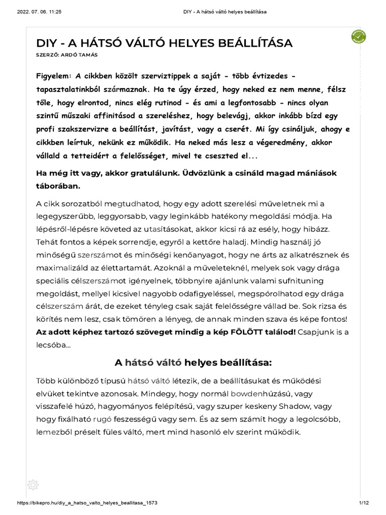 DIY - A Hátsó Váltó Helyes Beállítása | PDF