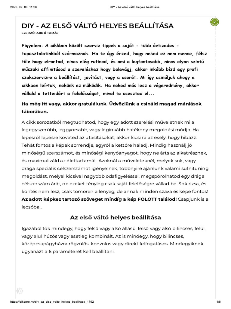 DIY - Az Első Váltó Helyes Beállítása | PDF