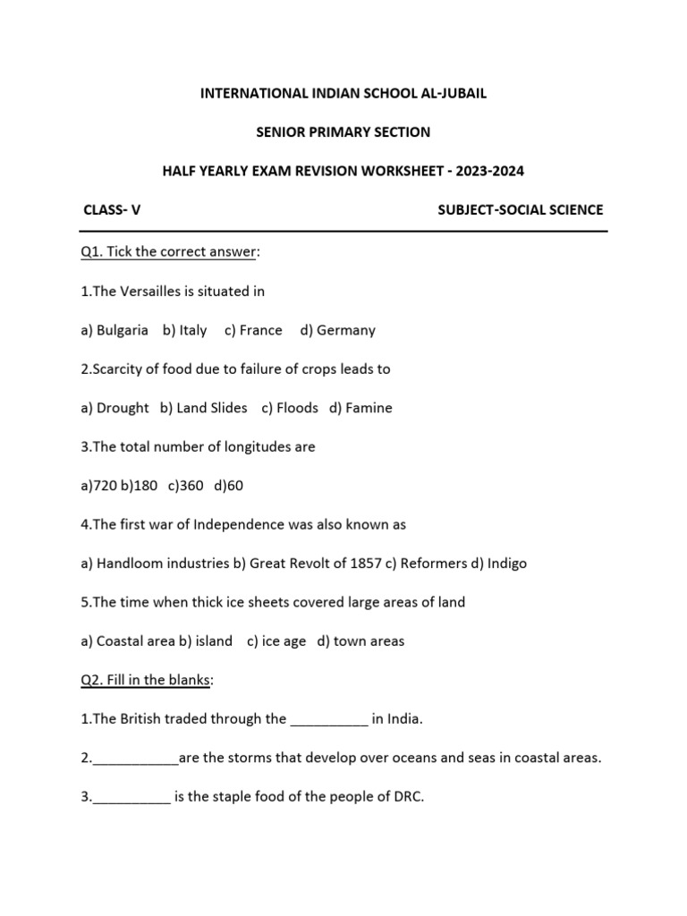 WorkSheet Half Yearly 2023-24 | PDF