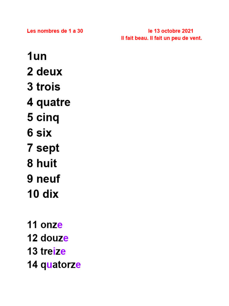 Nombres de 1 à 30 en français | PDF