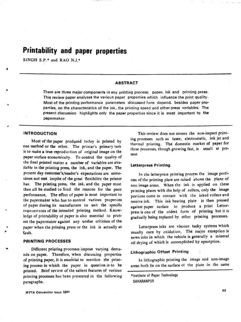 IPPTA CI 1991 65 74 Printability and Paper | PDF