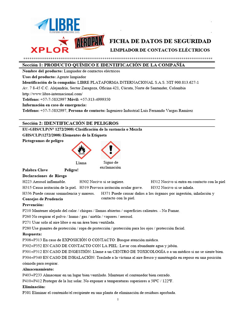 Ficha de Datos de Seguridad Limpia Contactos en Spray | PDF