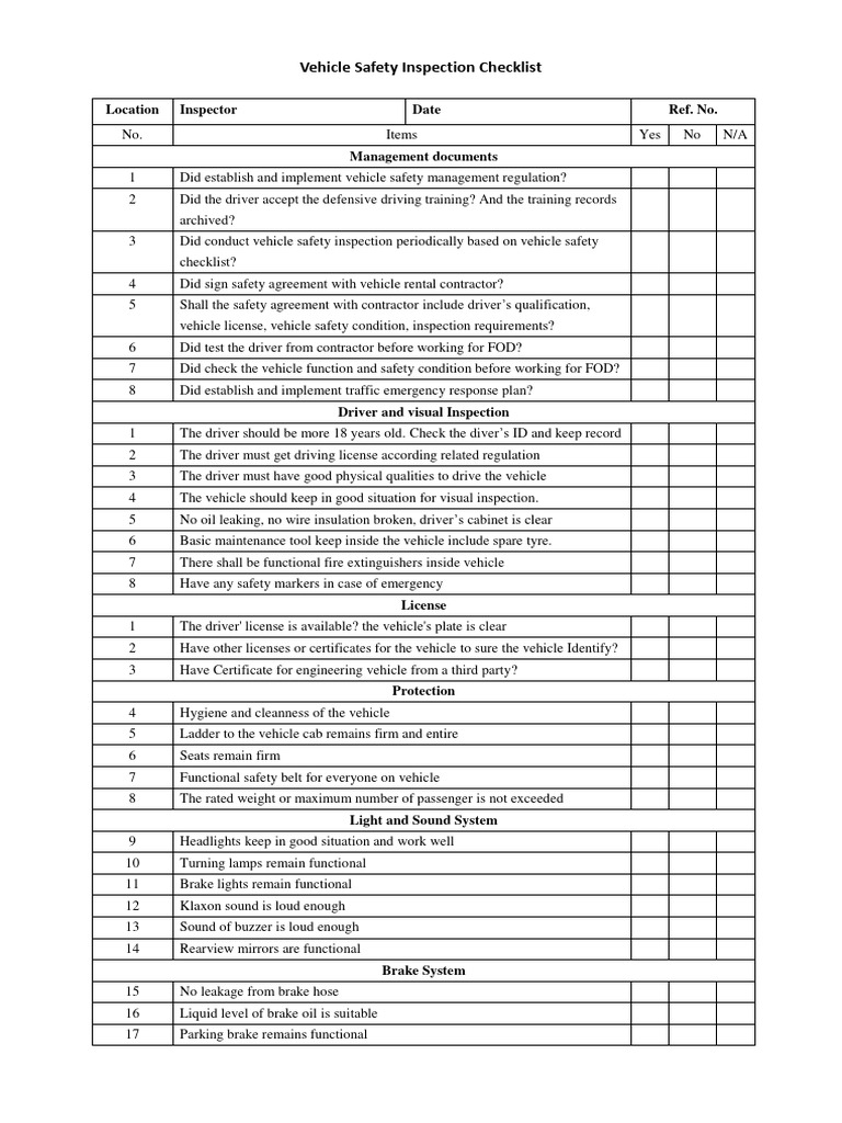 Checklist for Vehicle Safety 车辆安全检查表 | PDF