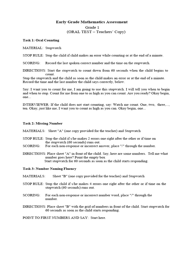 EGMA For Grade 1 | PDF