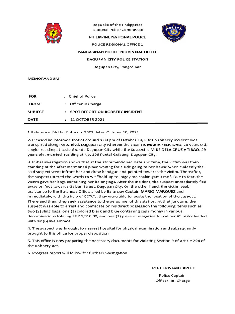 Spot Progress Report Roberry Incident | PDF