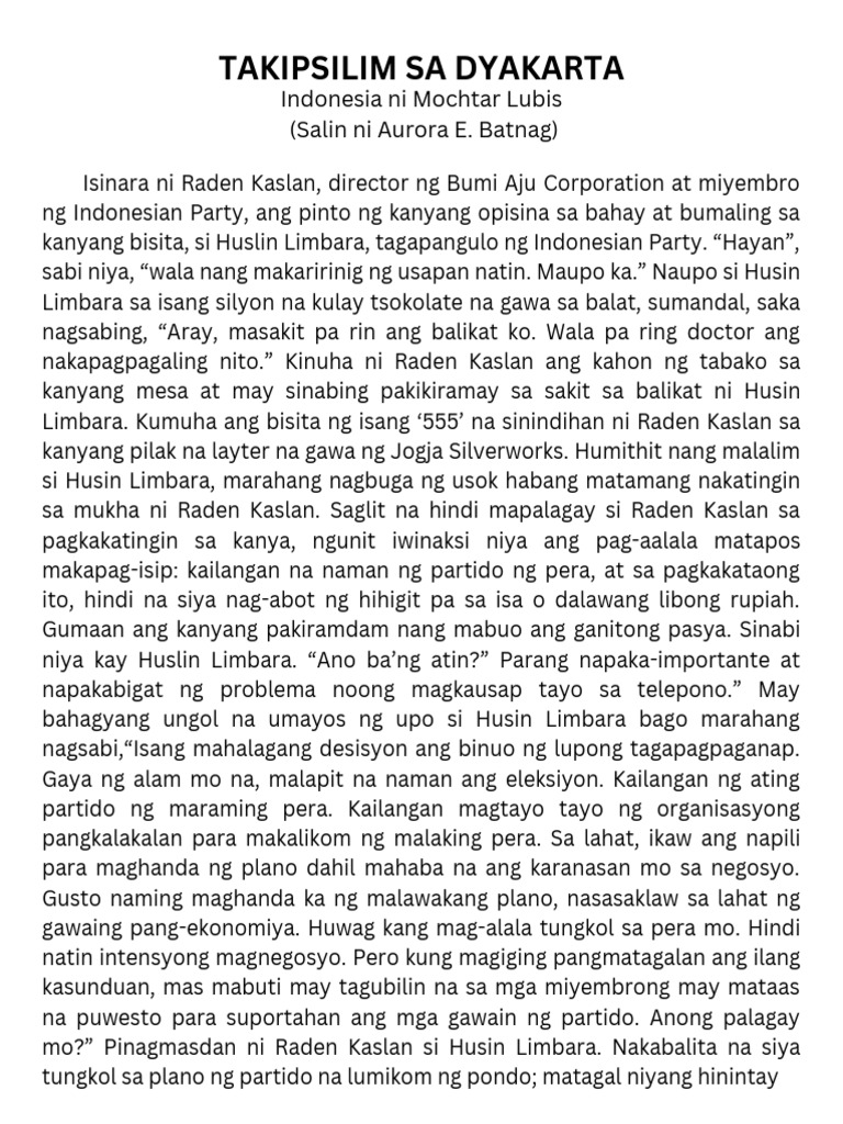 Takipsilim Sa Dyakarta: Indonesia Ni Mochtar Lubis (Salin Ni Aurora E ...