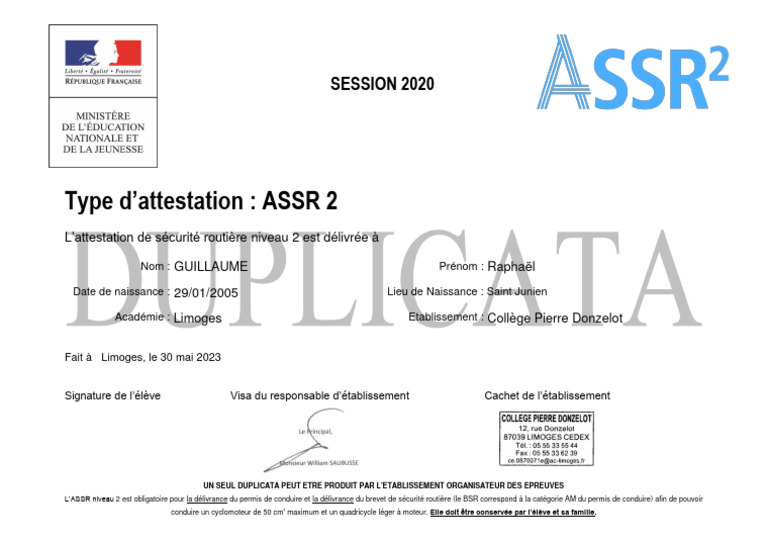 Attestation ASSR 2 de Raphaël G. | PDF