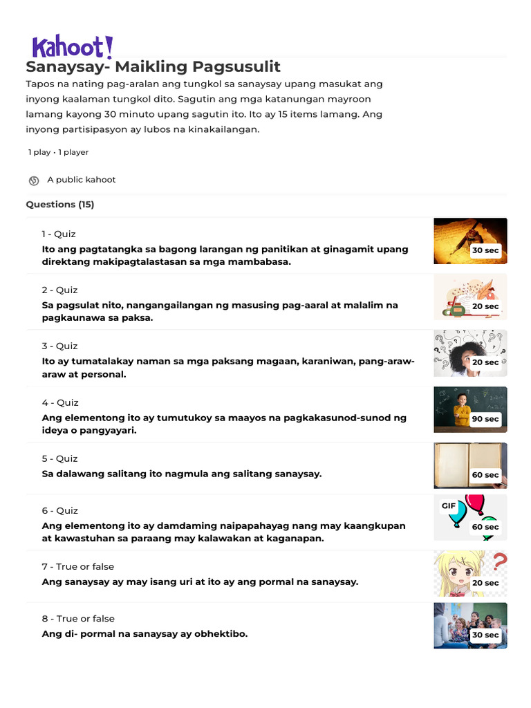 Sanaysay - Maikling Pagsusulit - Details - Kahoot! | PDF