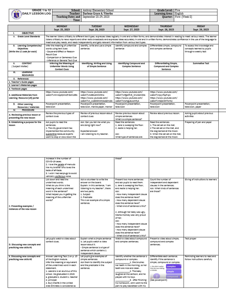 DLL in English 5 Q1 W5 | PDF