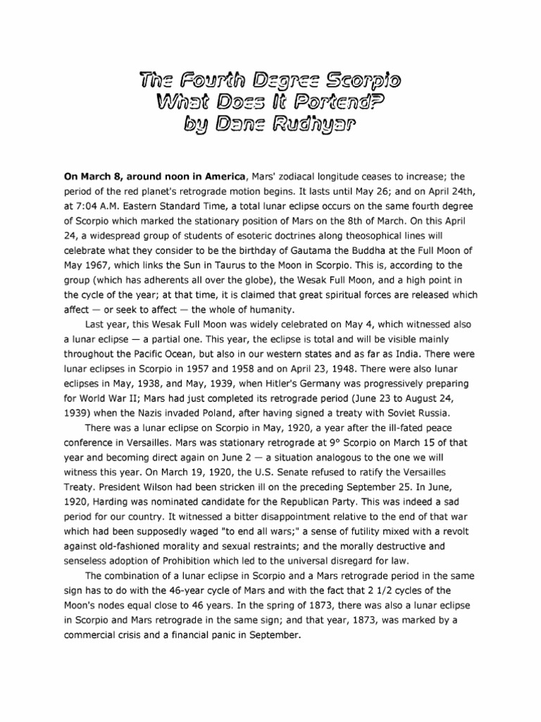Dane Rudhyar - The Fourth Degree Scorpio. What Does It Portend | PDF
