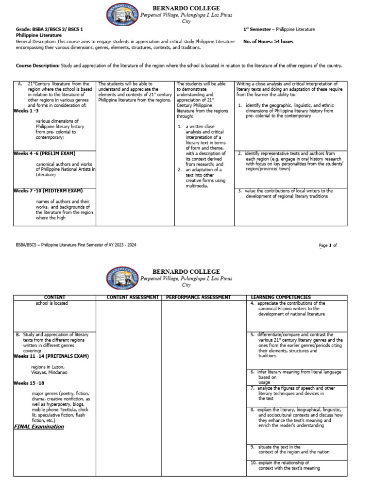 BSBA 2 BSCS 2 BSCS 1 Philippine Lit. Mon and Tues Syllabus | PDF | Classics