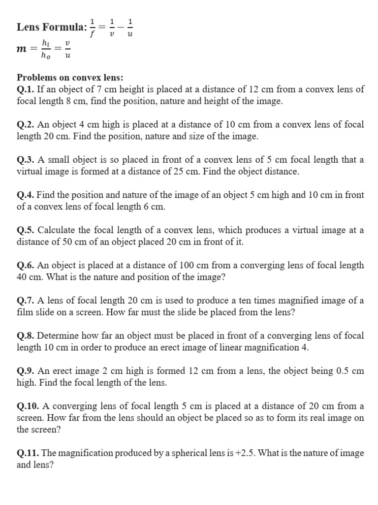 Numericals Lens Formula | PDF