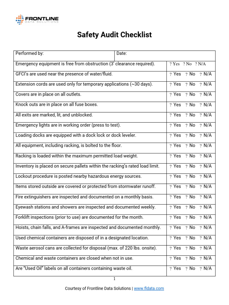 Safety Audit Checklist: Yes No N/A | PDF