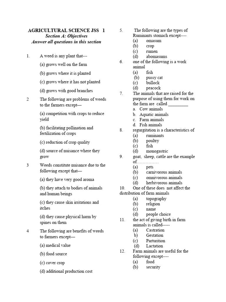 Agricultural Science Jss 1 Third Term Exam | PDF