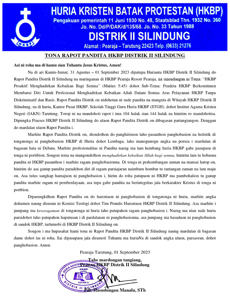 Tona Rapot Pandita Distrik Silindung - 2023 | PDF