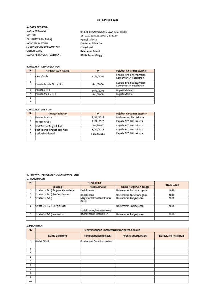 Formulir Profil Asn Dan Cara Pengisiannya - XLSX DR Sri, SP .An | PDF