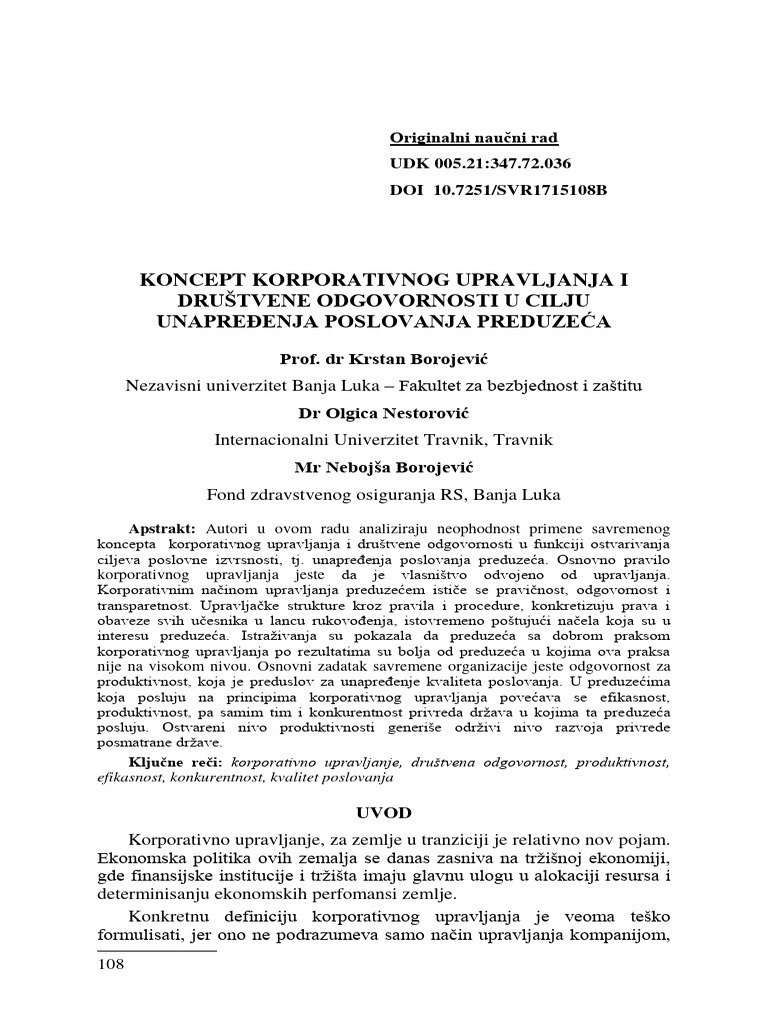 Koncept Korporativnog Upravljanja I Drustvene Odgovornosti U Cilju Unapredenja Poslovanja ...