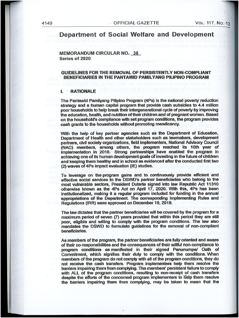 MC 36 Guidelines For The Removal of Persistently Non Compliant Beneficiaries in 4Ps | PDF