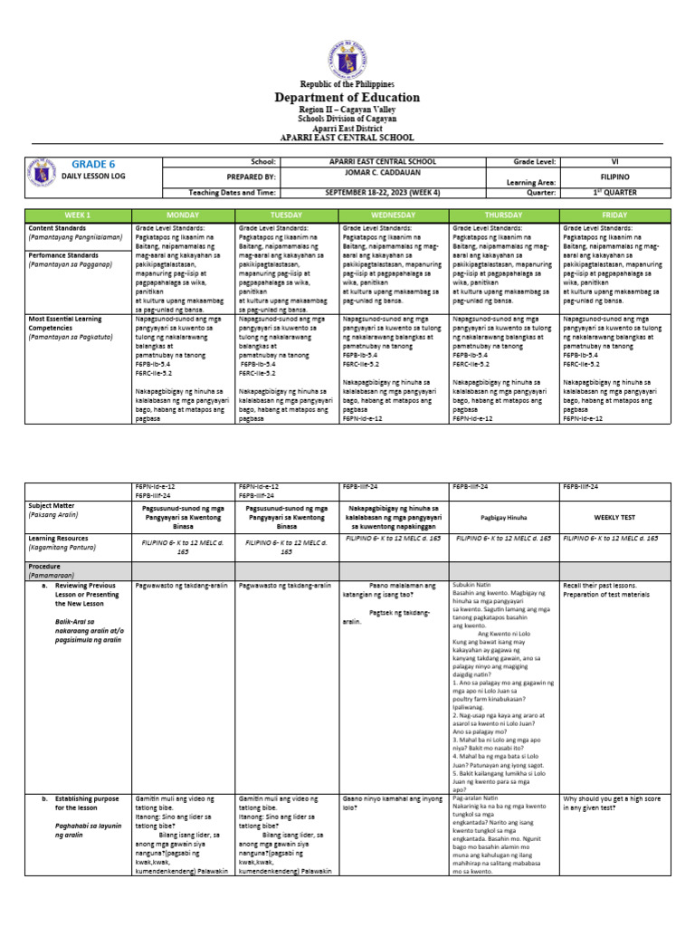 DLL - Filipino 6 Week 4 - q1 by Teacher KJ Val | PDF