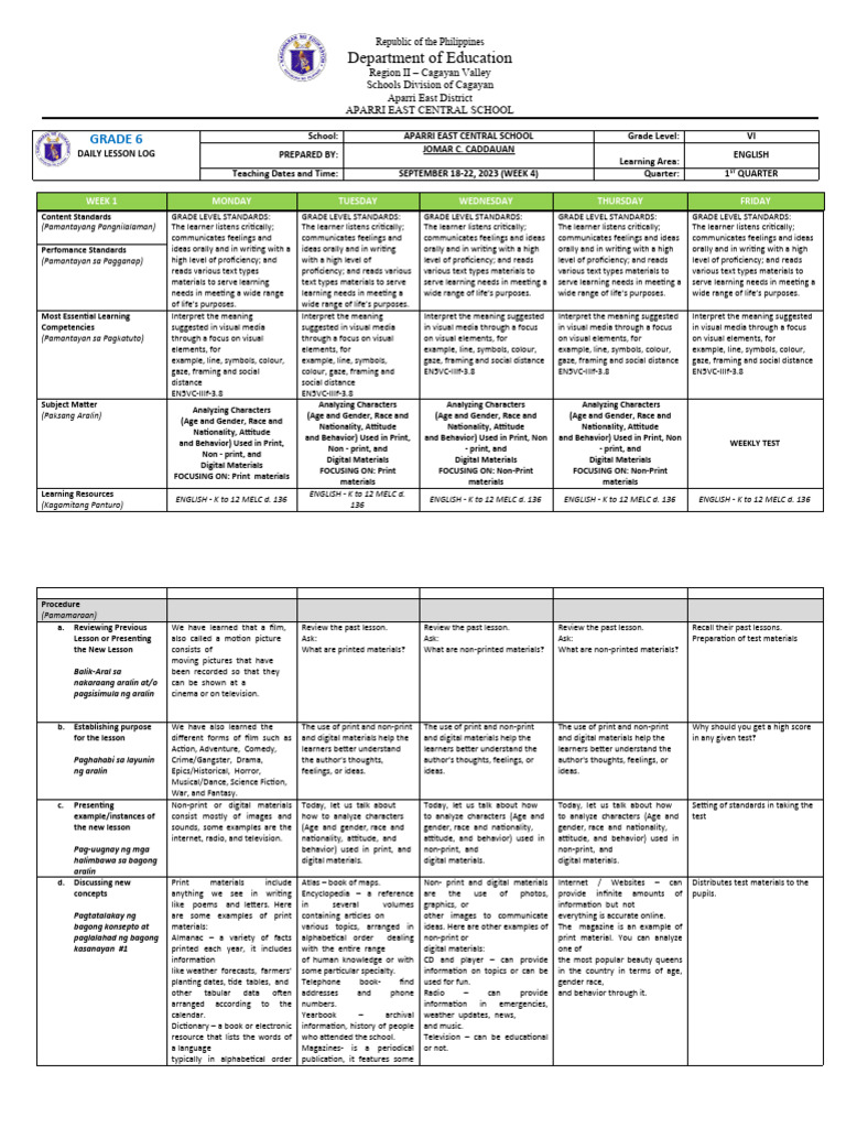 DLL Eng 6 Week 4 - q1 by Teacher KJ Val | PDF