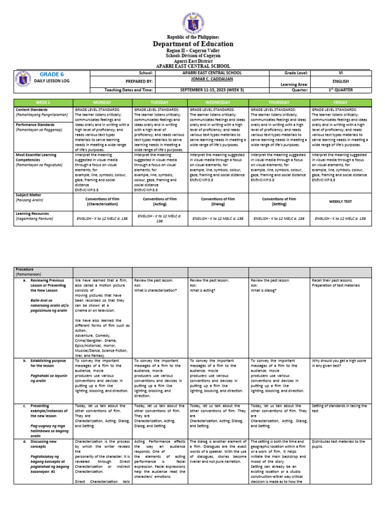 DLL Eng 6 Week 3 - q1 by Teacher KJ Val | PDF