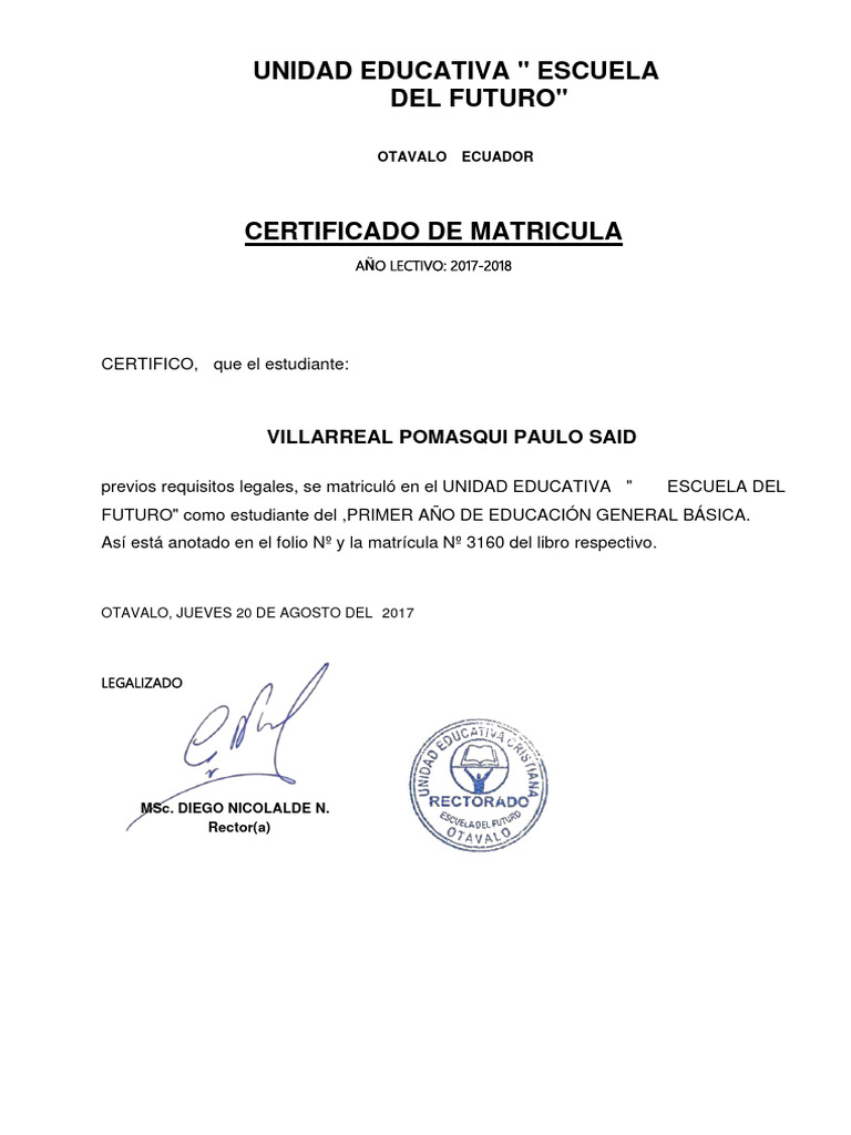 Certificado de Matricula Said | PDF