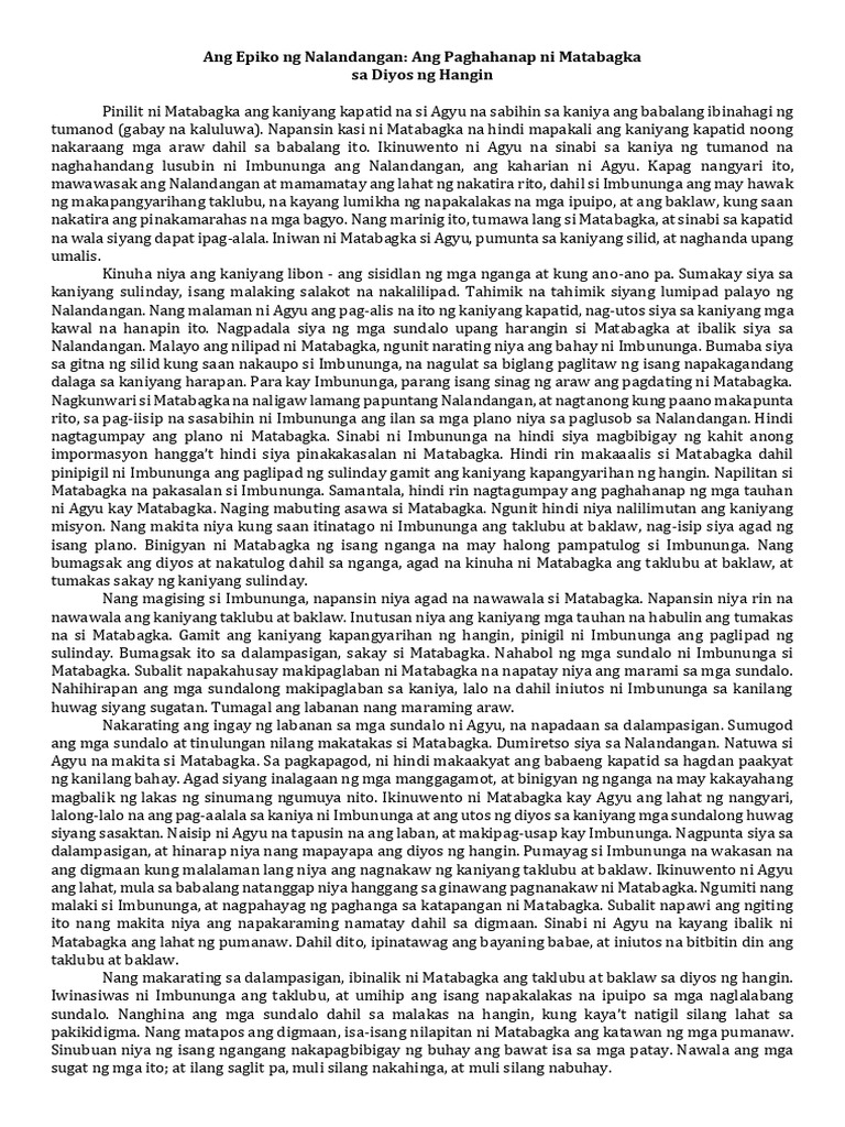 Epiko NG Nalandangan Ang Paghahanap Ni Matabagka | PDF