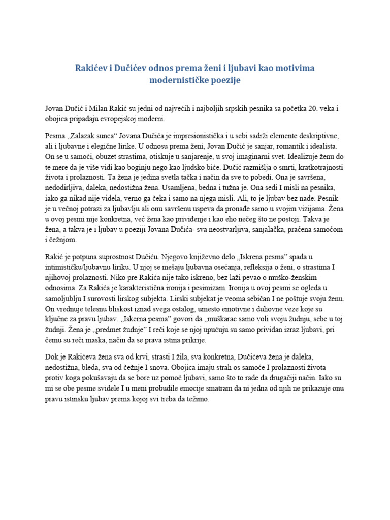 Rakićev I Dučićev Odnos Prema Ženi I Ljubavi Kao Motivima Modernističke Poezije | PDF