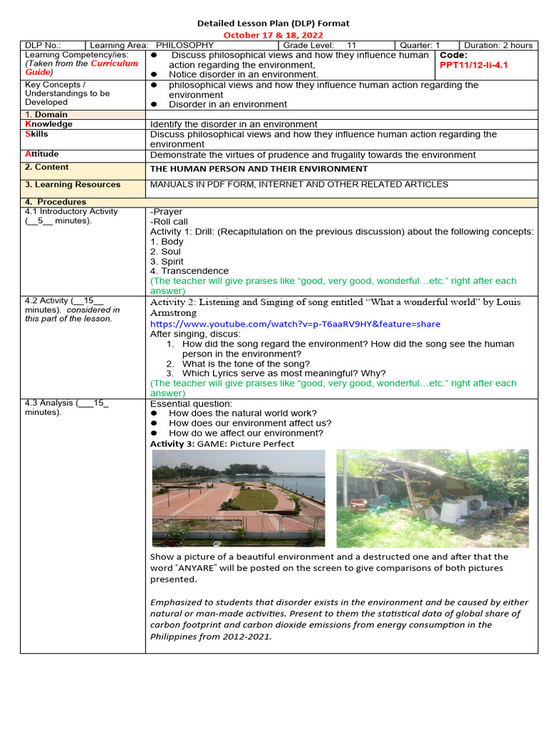 DLP Human Person in The Environment COT 1 | PDF