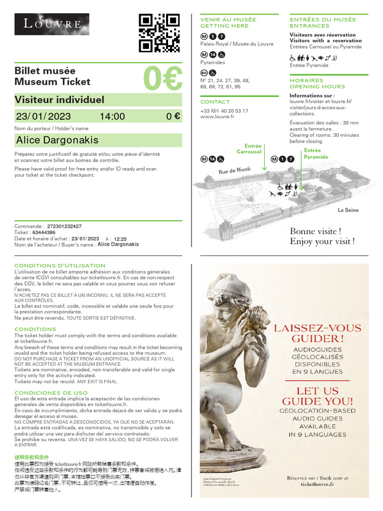 Billet Musée Museum Ticket Visiteur Individuel: 14:00 23/01/2023 0 ...