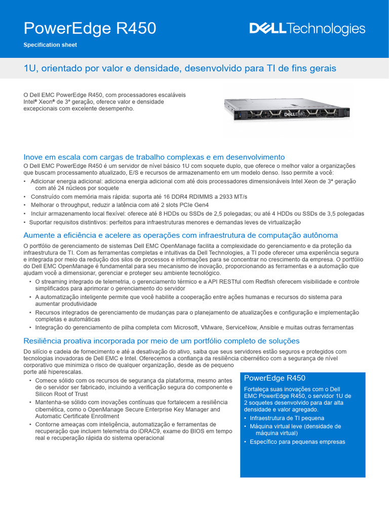 Especificações Técnicas Do PowerEdge R450 R450-Spec-sheet-PT-BR | PDF
