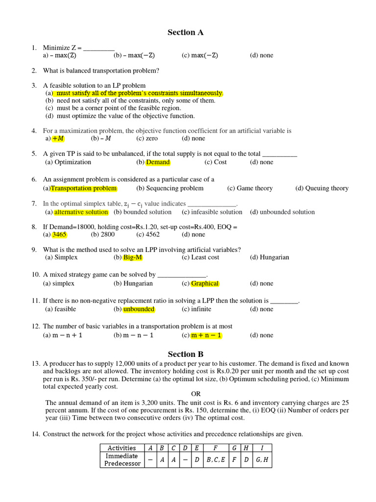Section A For A Maximization Problem The Objective Function Coefficient For An Artificial