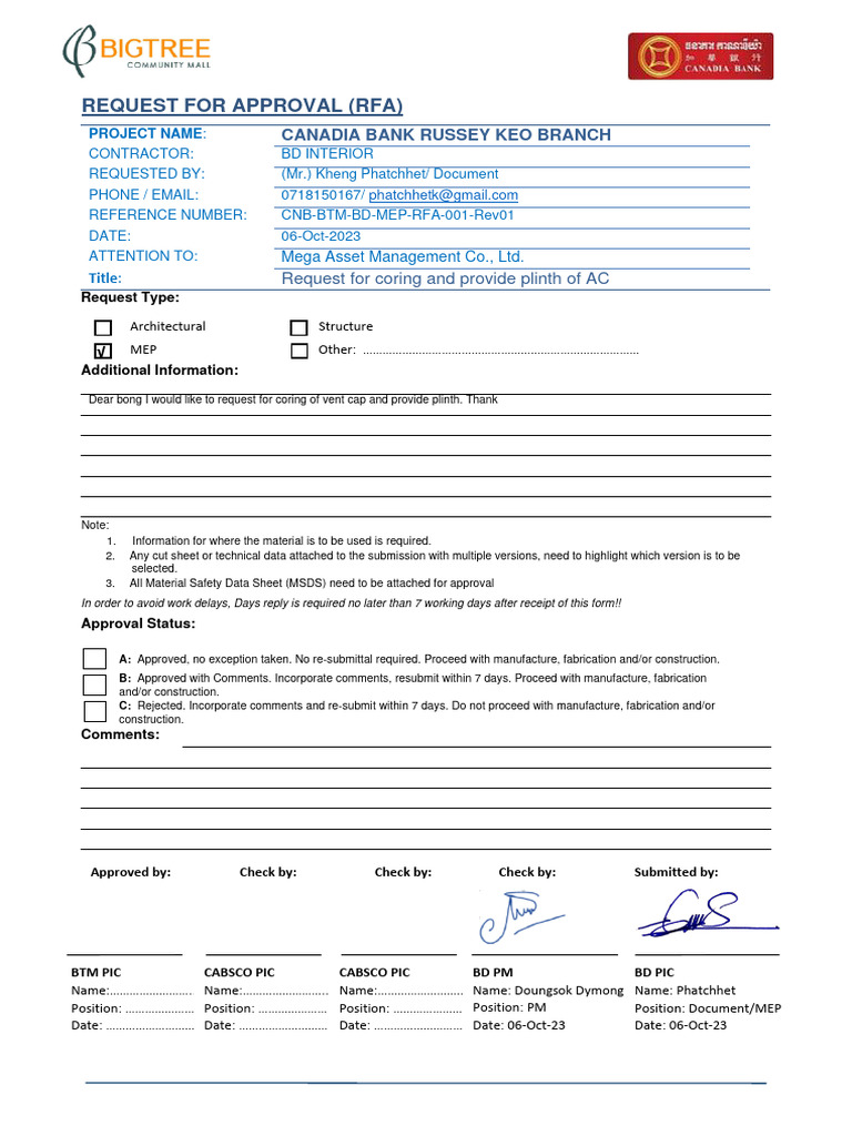 Request For Approval (Rfa) : Canadia Bank Russey Keo Branch | PDF